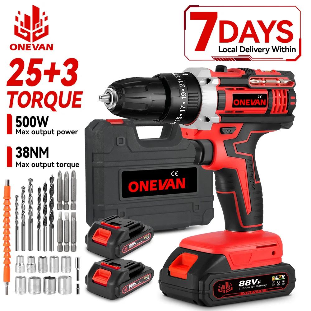 ONEVAN 500W Electric Impact Drill Set Hammer 38N.M Drill Cordless ...