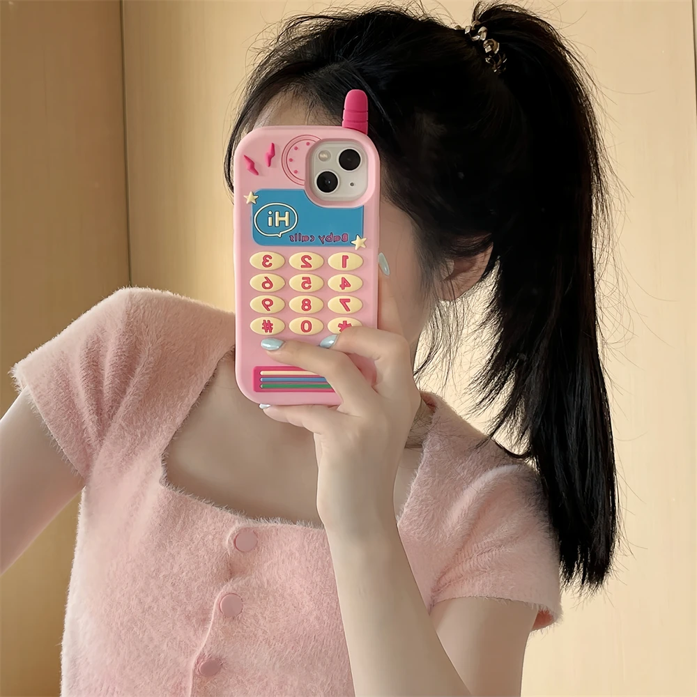 Pink retro telephone cute girl gift pink silicone phone case for 14 Pro ...