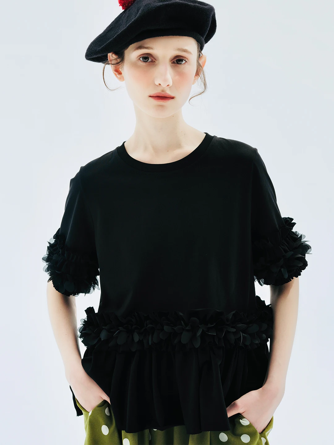 imakokoni solid color lace mesh T-shirt short sleeve black female ...