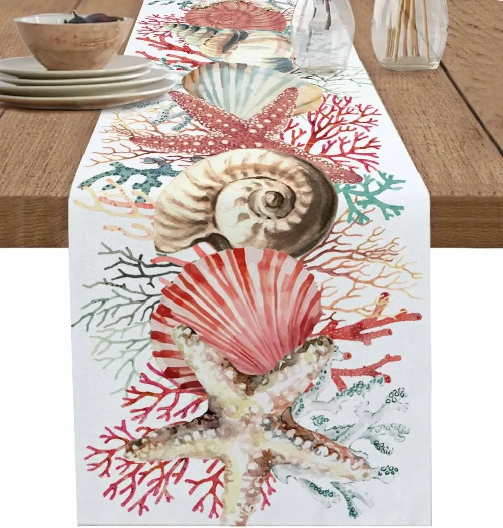 Summer-Ocean-Coral-Conch-Turtle-Linen-Table-Runners-Seasonal-Sea ...