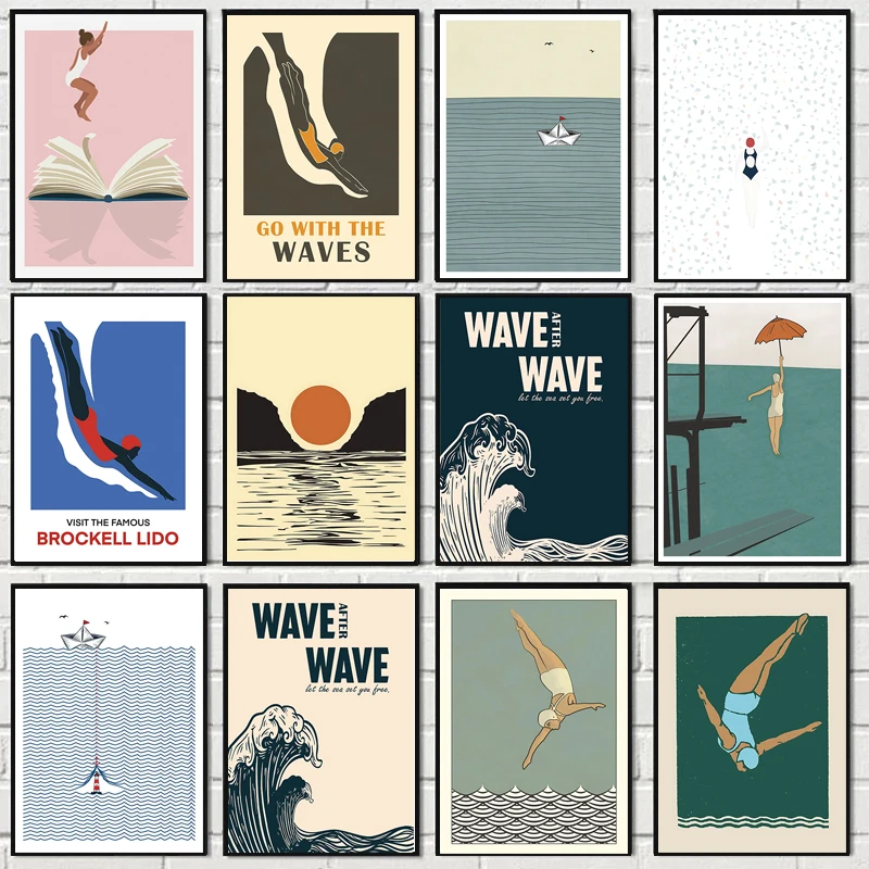 Vintage-Maritime-Surfing-Beach-Poster-Abstract-Woman-Diver-Canvas ...