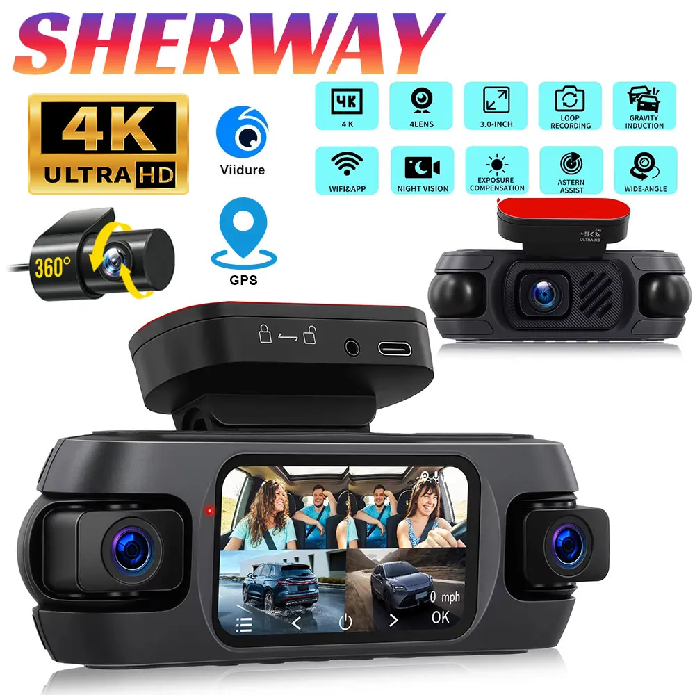 Dash Cam 4 Channel 360° 4k Gps Wifi Car Dvr 4CH Front Left Right Rear ...