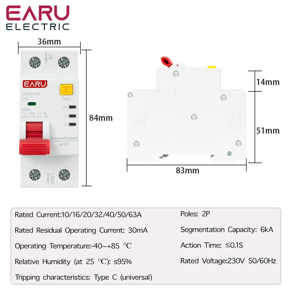 Earu Dispositivo de protección contra arco eléctrico AFDD-63 AFCI Earu 2P AFDD-63 RCBO Disyuntor ...