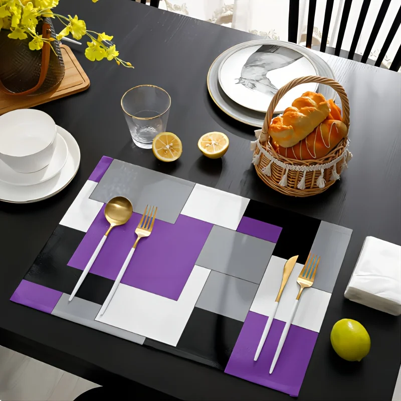 2pcs-Placemats-Dining-Table-Mat-Set-Abstract-Art-Patchwork-Purple-Black ...