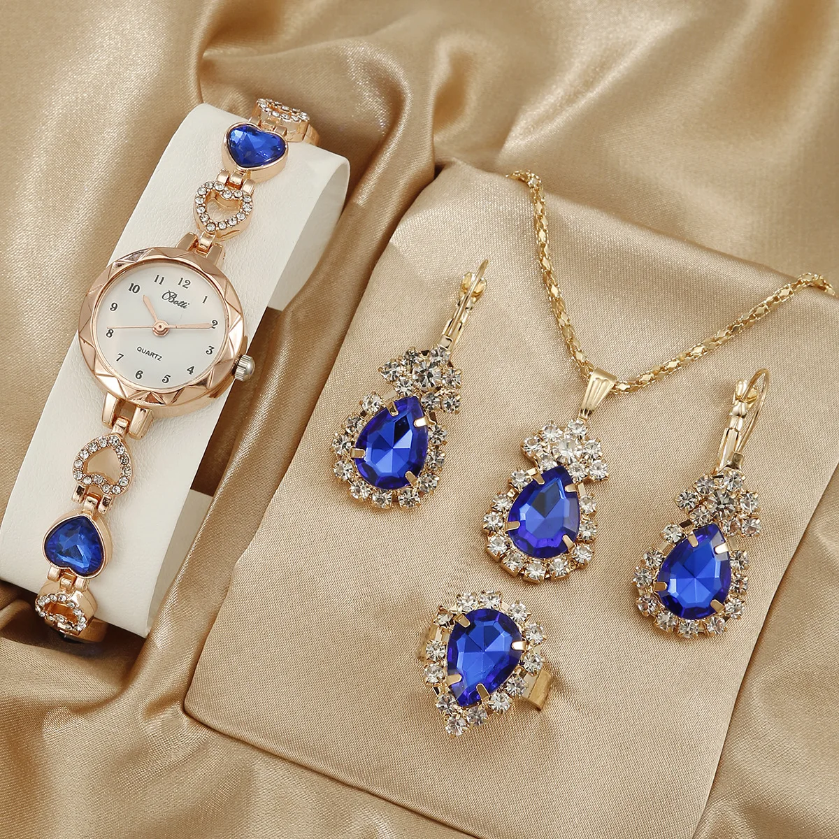 5PCS Set Gold Blue Luxury Watch Women Ring Necklace Earring Rhinestone ...