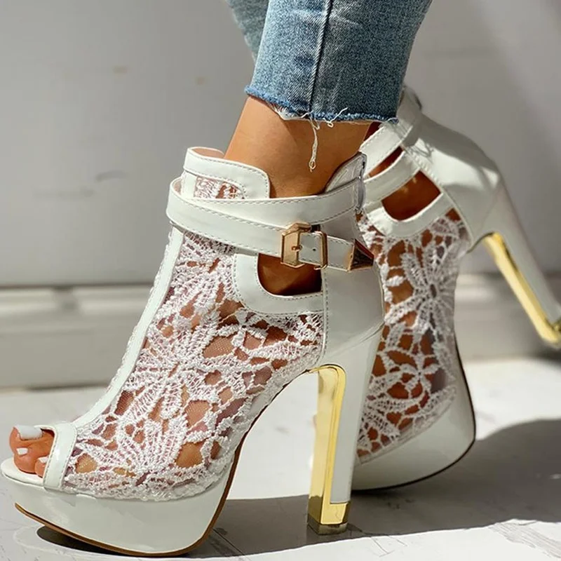 Women High Heels Belt Buckle Peep Toe Hollow Platform Sandals Shoes ...