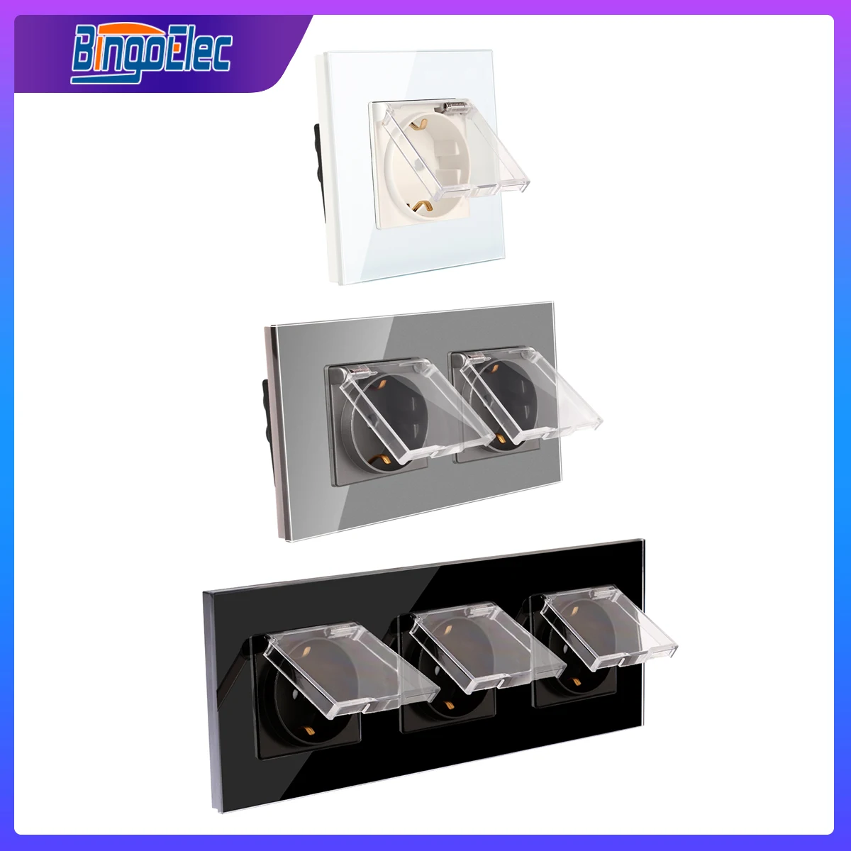 Bingoelec Socket with Cover Waterproof Socket Crystal Glass Panel Wall ...