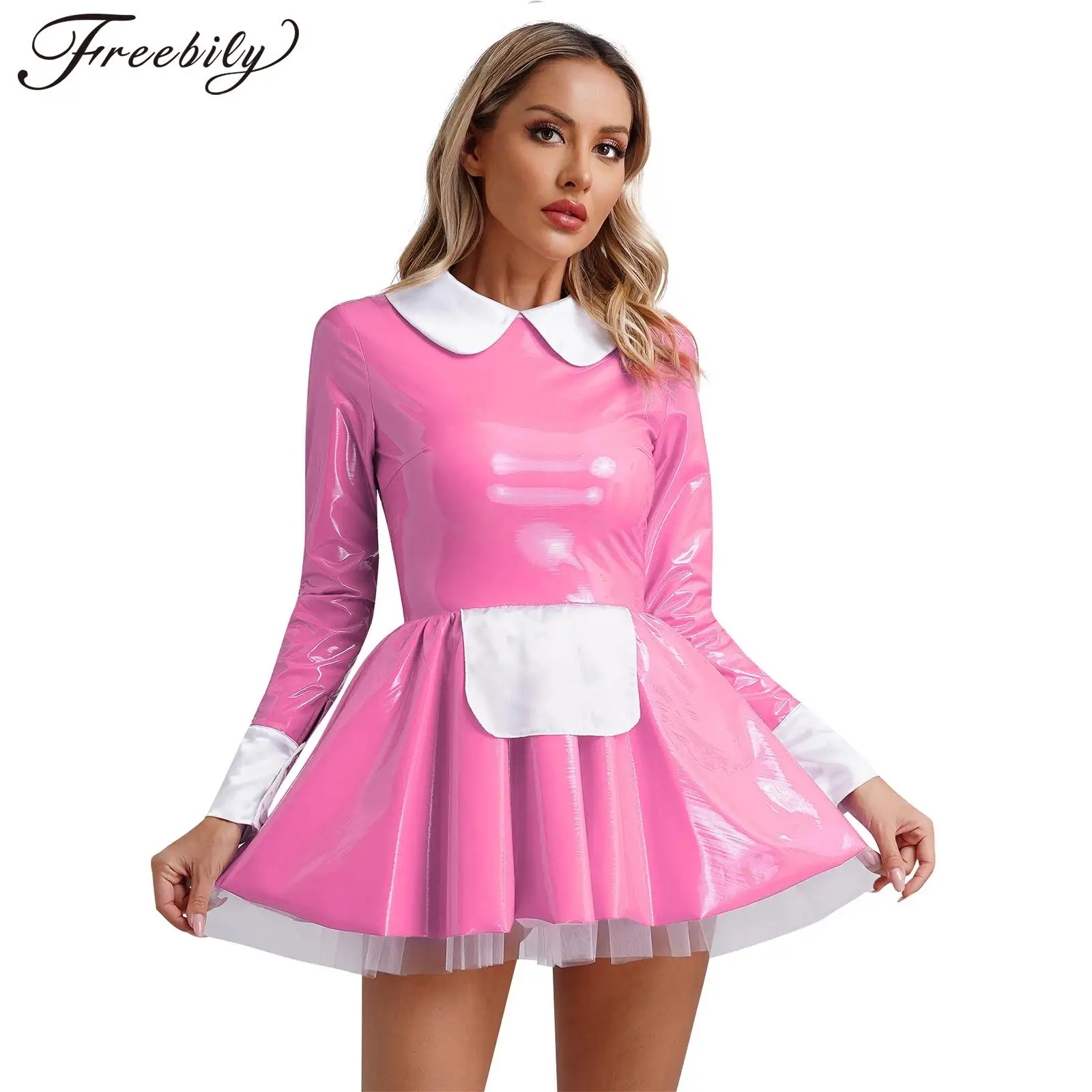 Women Sexy Faux Latex French Maid Dress Halloween Sweet Lolita Cosplay ...
