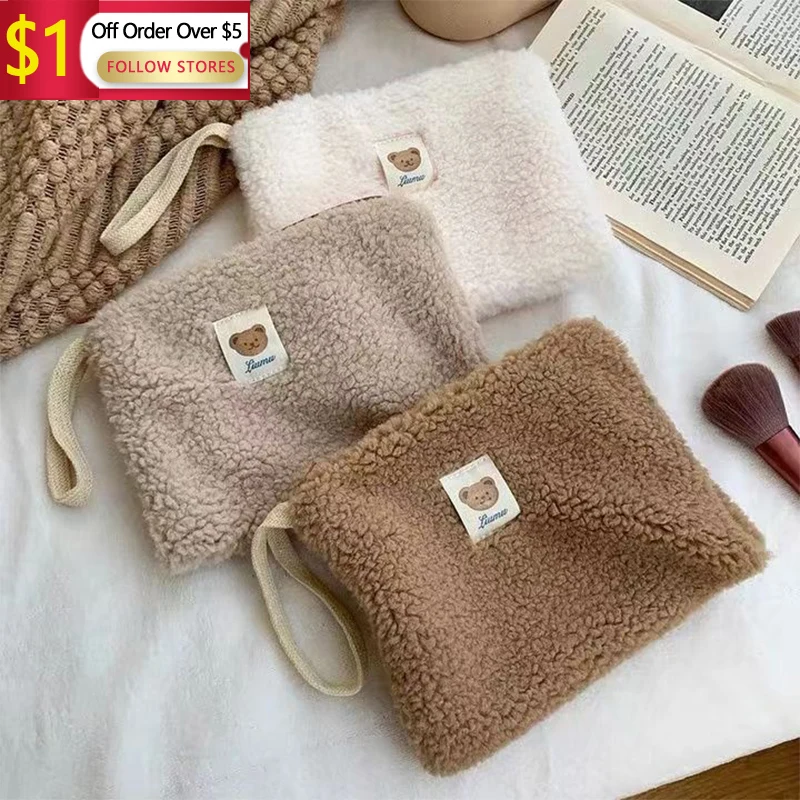 Portable Plush Makeup Bag Solid Color Cute Fur Makeup Bag For Women ...