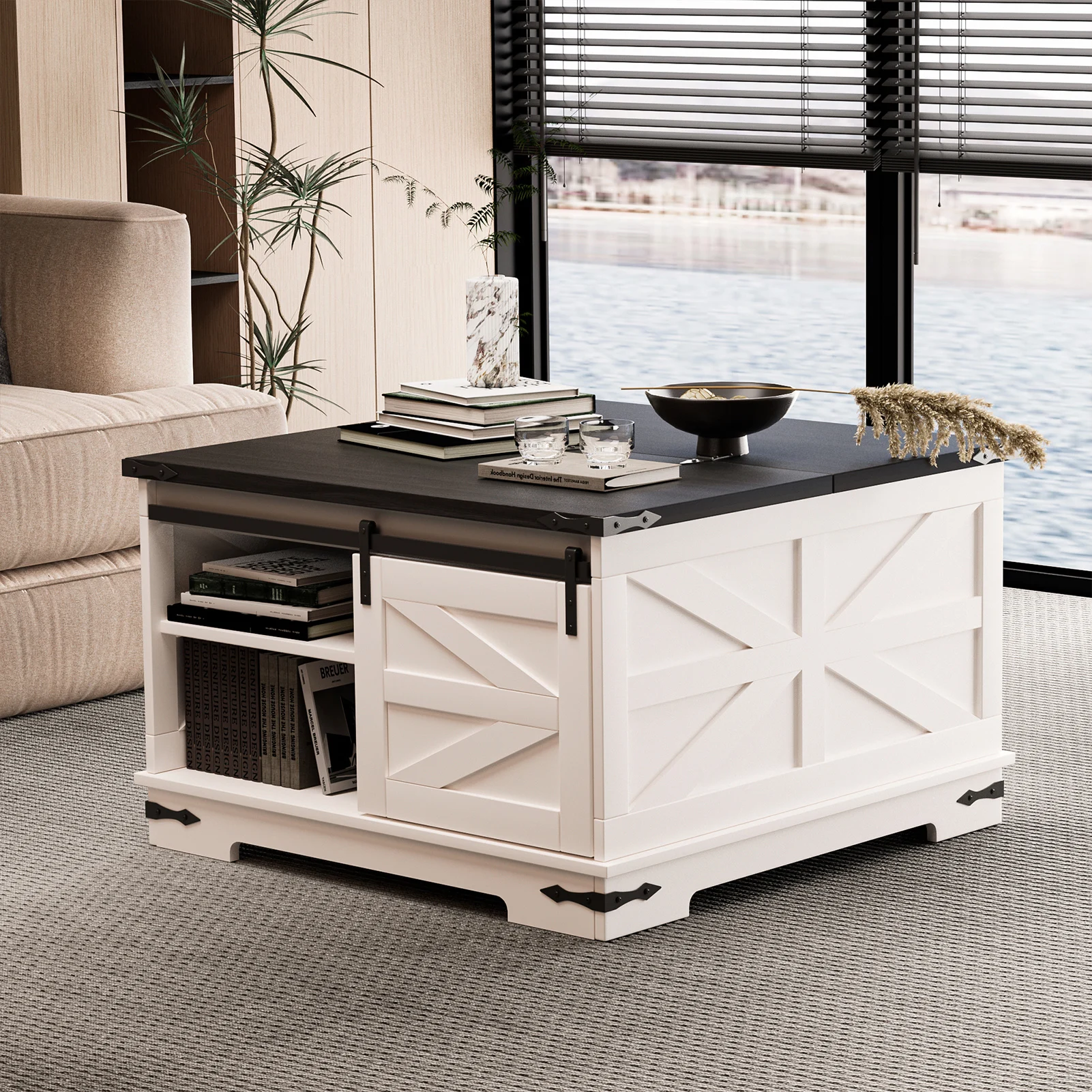 Modern-Farmhouse-Coffee-Table-Square-Wood-Center-Table-with-Gas-Struts ...