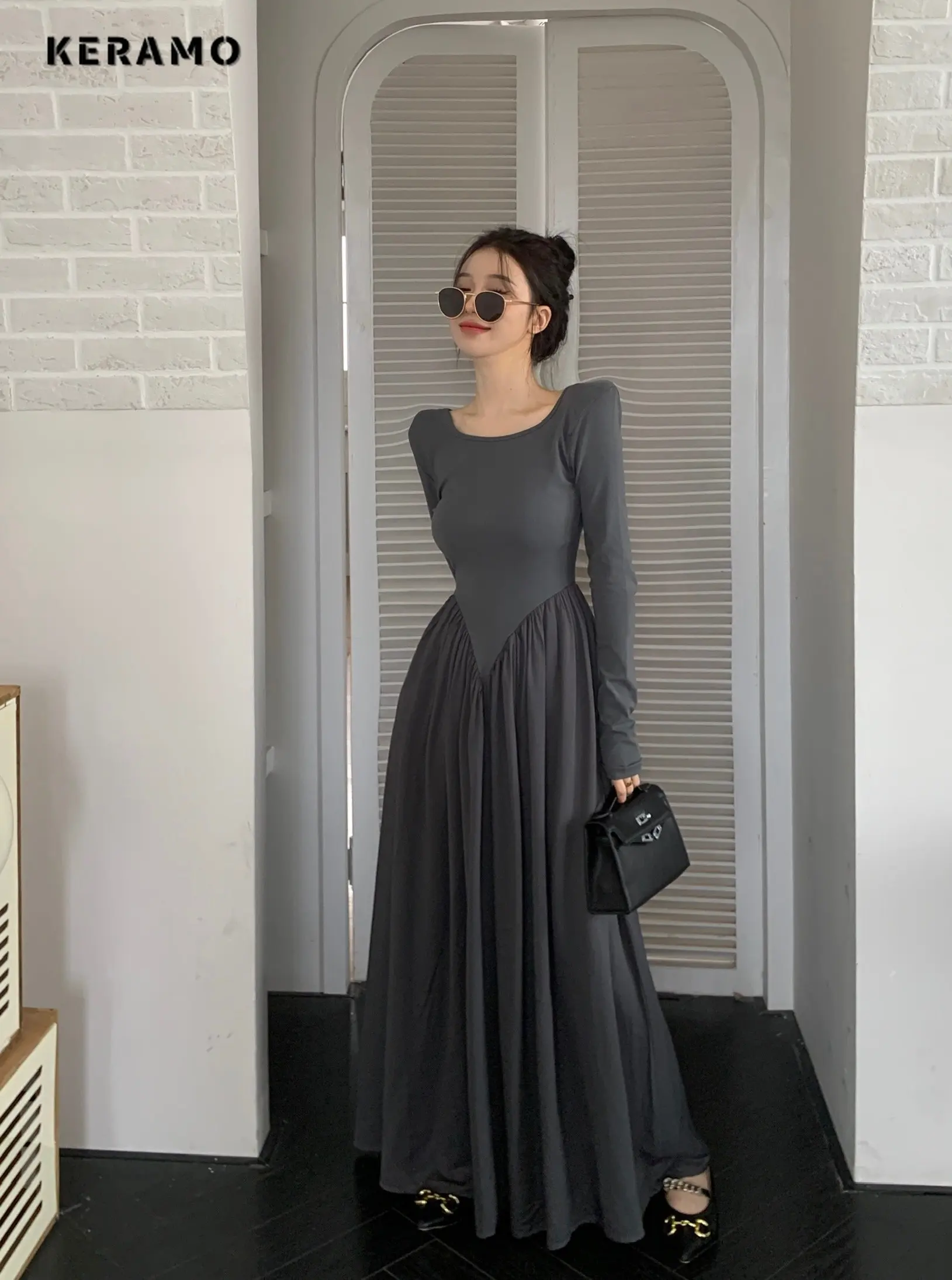 2023-Summer-High-Street-Long-Sleeve-Round-Neck-Solid-Color-Long-Dresses ...