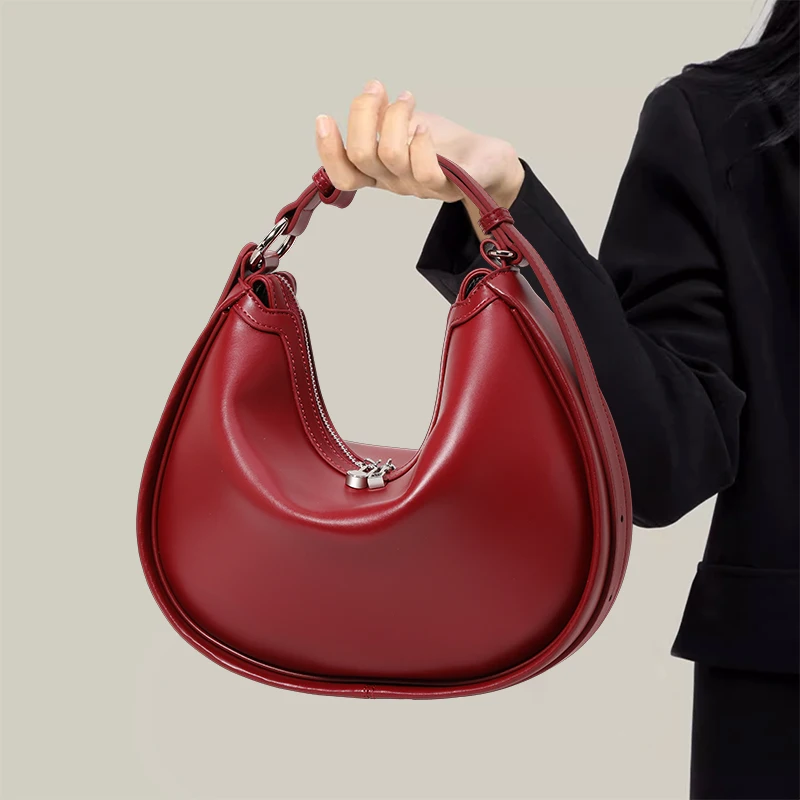 genuine leather crescent moon bag hand-held large capacity glossy soft ...