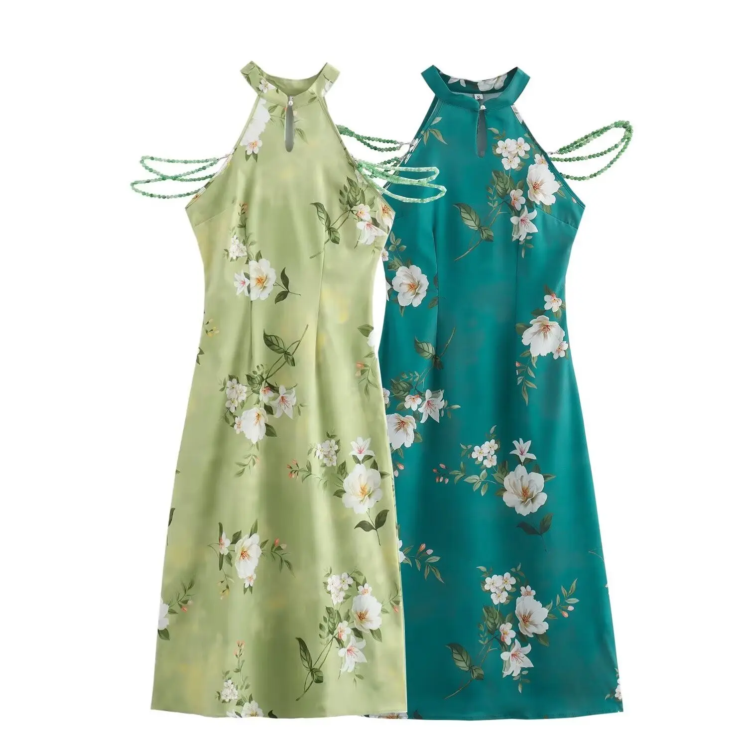 Women-s-Style-Printed-Hanging-Neck-Improved-Cheongsam-Beaded-Waist ...