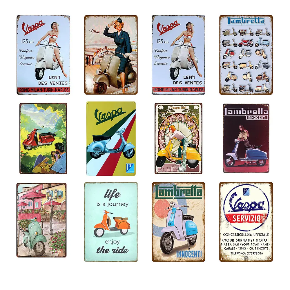Vintage Motorcycle Decor Vespa Scooter Motor Tin Signs Wall Art Print ...