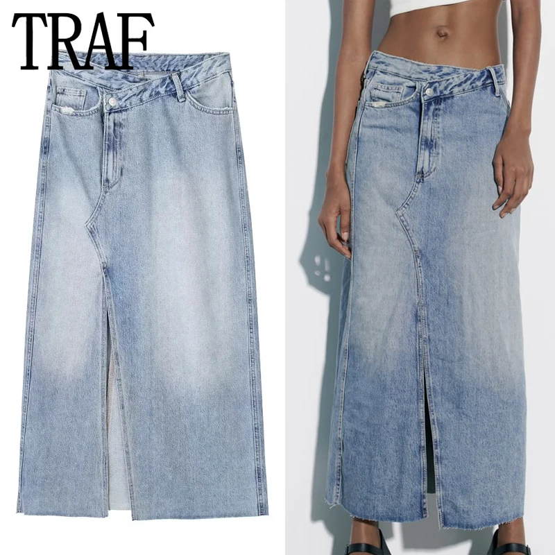 TRAF Blue Denim Long Skirts For Women Fashion 2023 Asymmetric Jean ...
