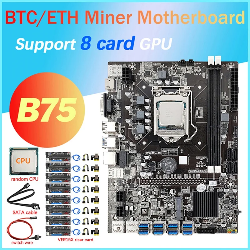 NEW B75 8 Card Mining Motherboard+CPU+8 VER15X Riser Cards+SATA+Switch Cable 8 USB3.0 LGA1155 ...