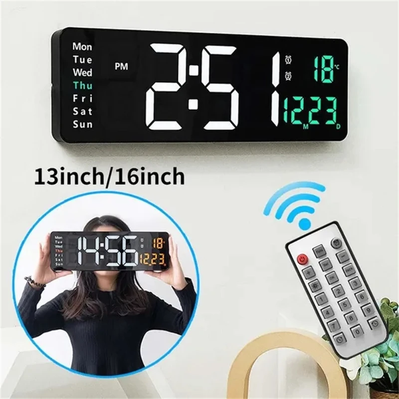 New 13/16 Inch LED Large Digital Wall Clock Remote Control Temperature ...