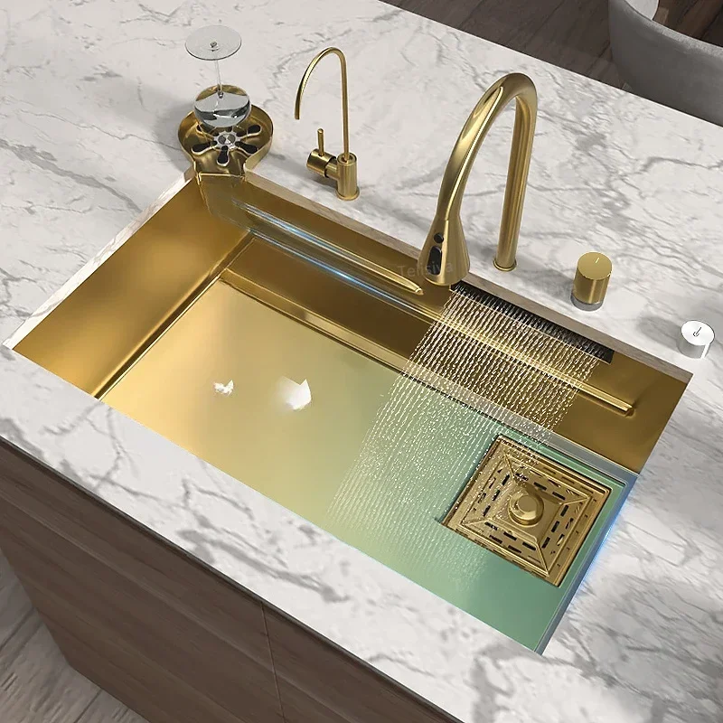 Waterfall-Kitchen-Sink-Gold-Stainless-Steel-Sink-Large-Single-Slot ...