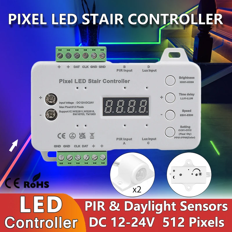 512-Pixel-LED-Stair-Lighting-Controller-DC12V-DC24V-PIR-Motion-Sensor-Daylight-Sensor-Single ...