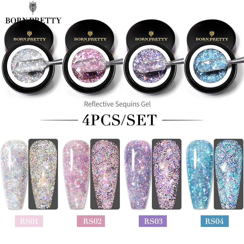 BORN PRETTY 4 병 반사 스팽글 젤 세트, 반짝이 반짝이 페인트, 하이브리드 바니시, 그림 그리기, UV 젤 폴리쉬 네일 세트| | - AliExpress