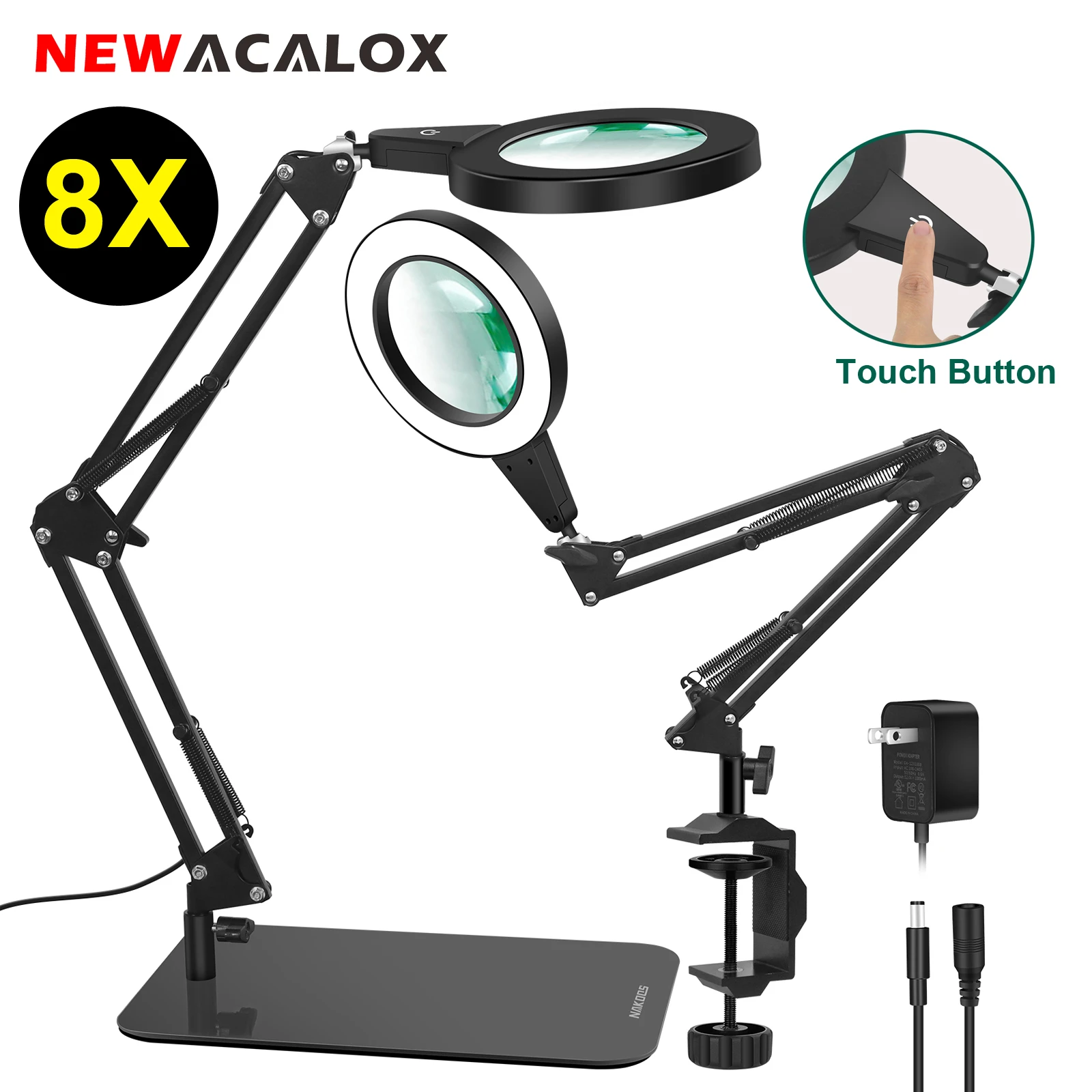 NEWACALOX EU/US 12V 8X LED Illuminated Magnifying Glass 2 in 1 Folding ...