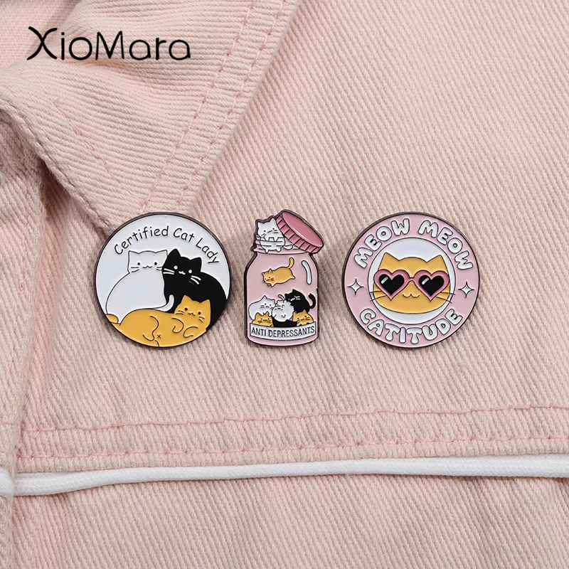 Certified-Cat-Lady-Enamel-Pin-Cartoon-Meow-Catitude-Anti-Depressants ...