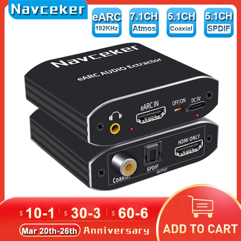 Navceker 192KHz HDMI compatible Audio eARC Extractor 7.1CH ATMOS eARC ...