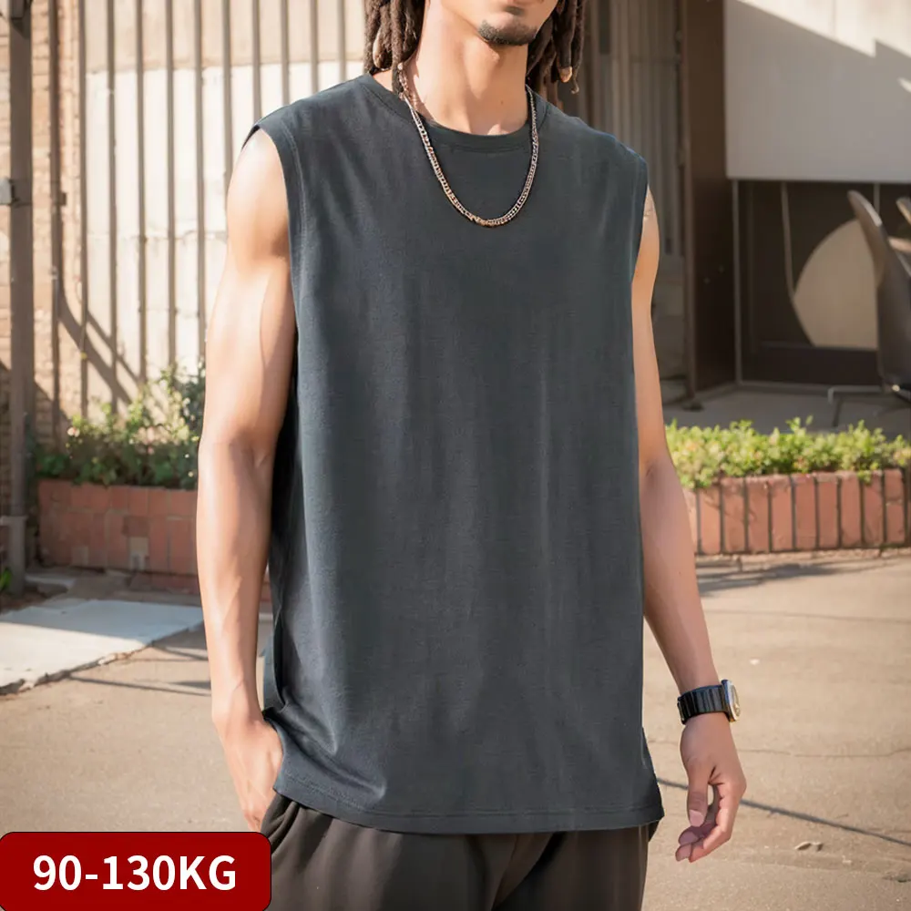 2024-Summer-New-Oversized-Tank-Top-For-Men-Vest-T-Shirt-Cotton-Solid ...
