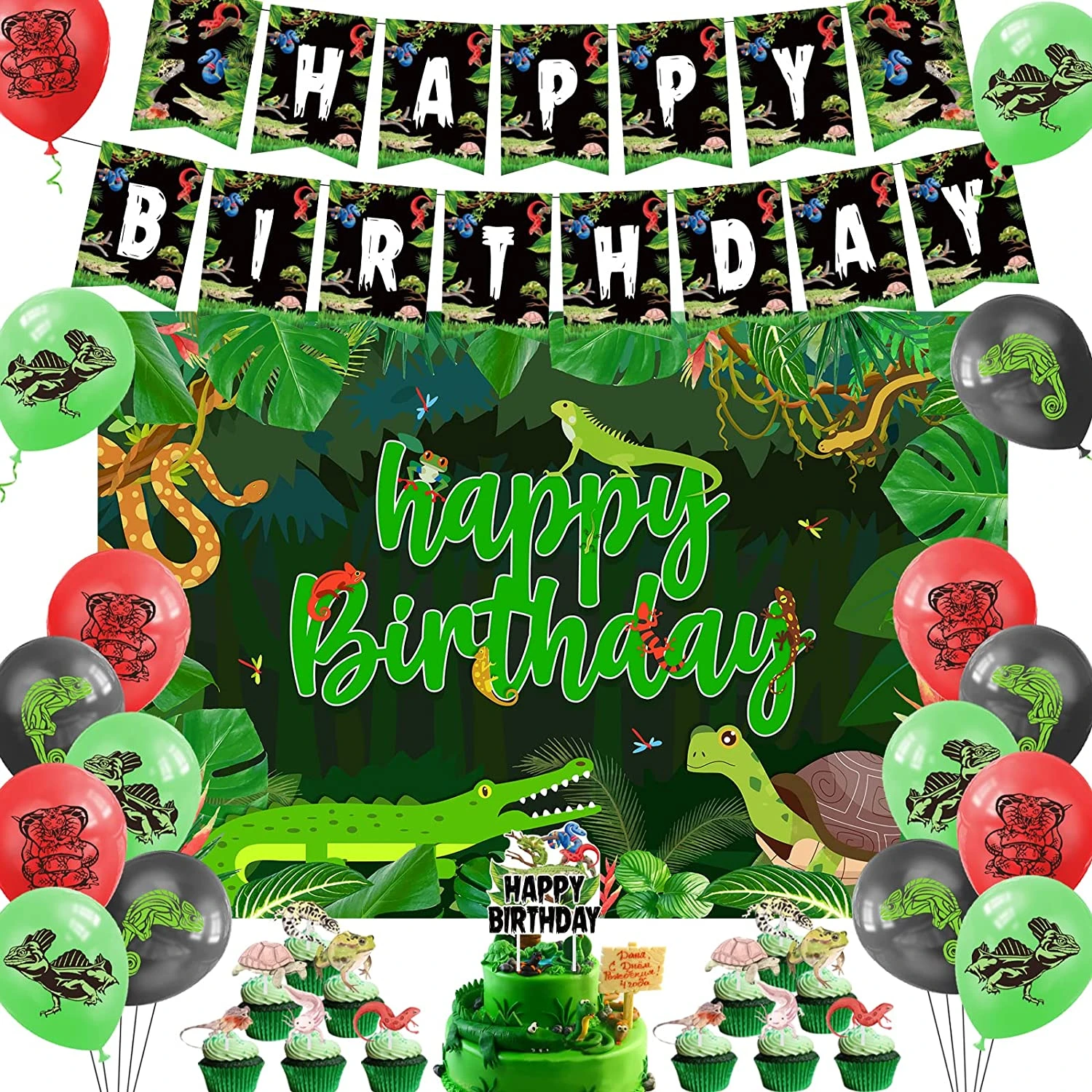 Reptile Birthday Party Decorations Reptile Swamp Happy Birthday Banner ...