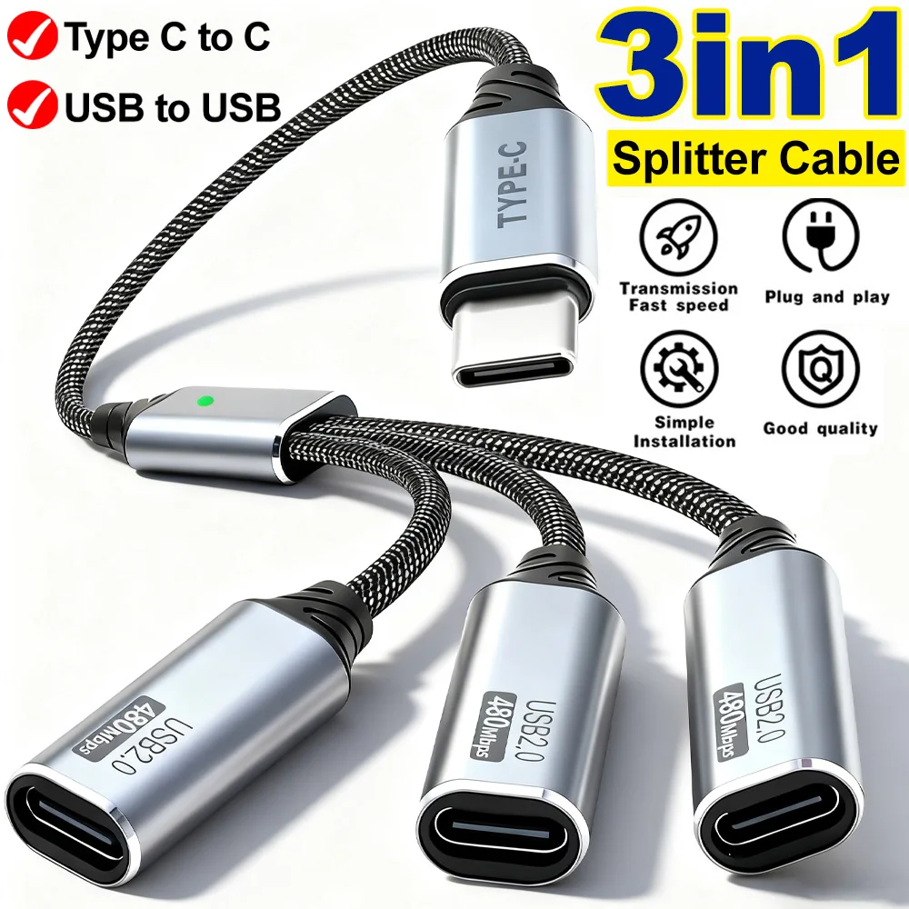 USB A/Type C Splitter Cable 3 in 1 Multi Ports Male To Female Adapter ...