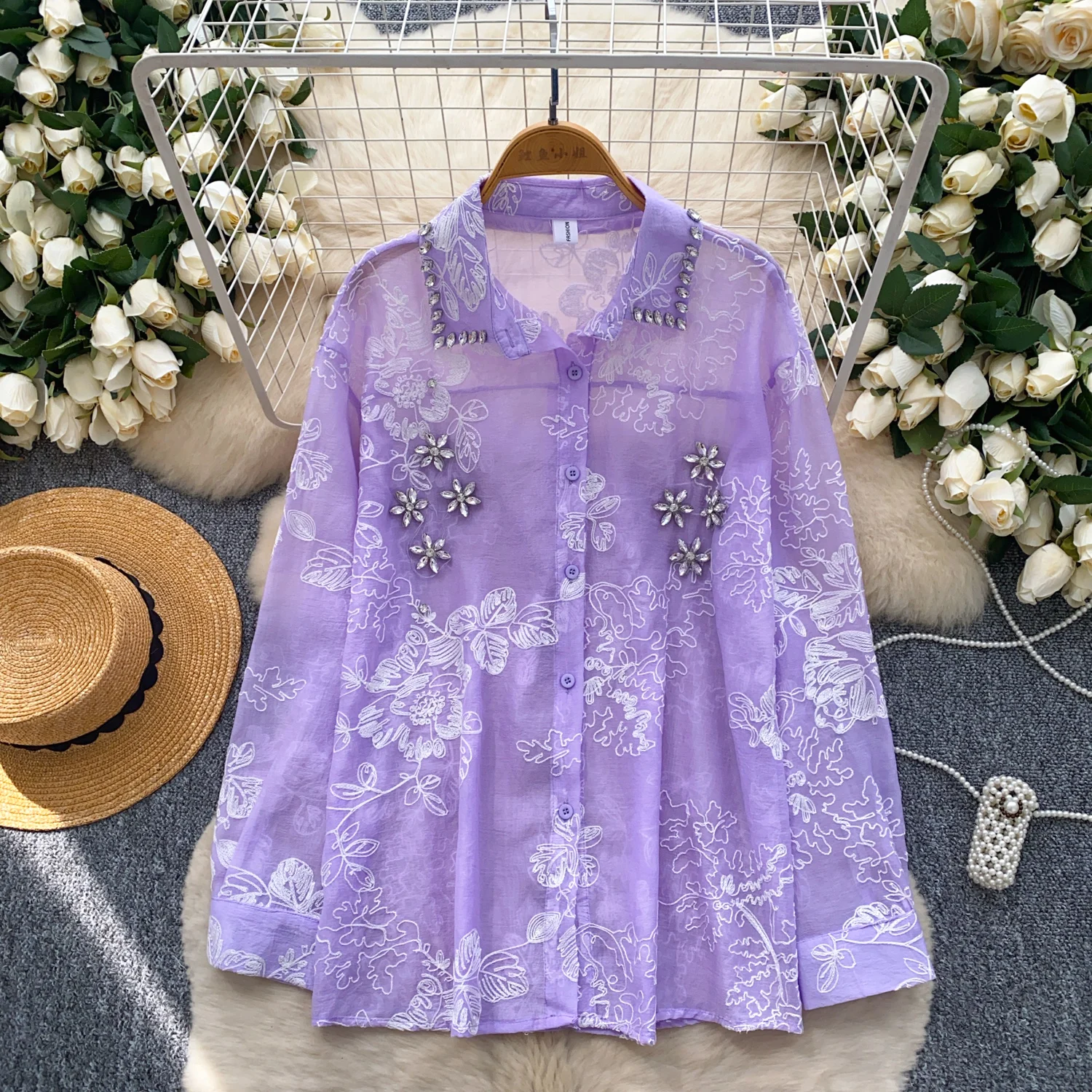 Diamond Studded Embroidered Long Sleeved Shirt for Women 2025 New ...