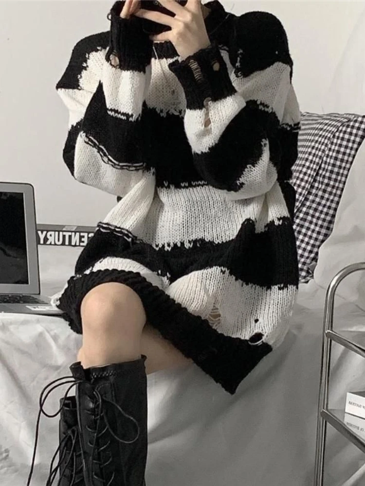 Deeptown Gothic Punk Striped Sweater Women Harajuku Hole Knitted Jumper ...