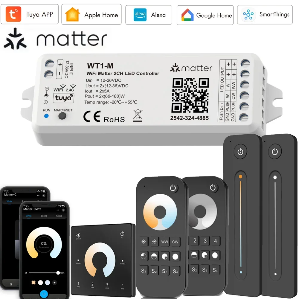 2CH Matter WiFi светодиодный контроллер WT1-M DC12-36V 5050 COB DIM/CCT ...