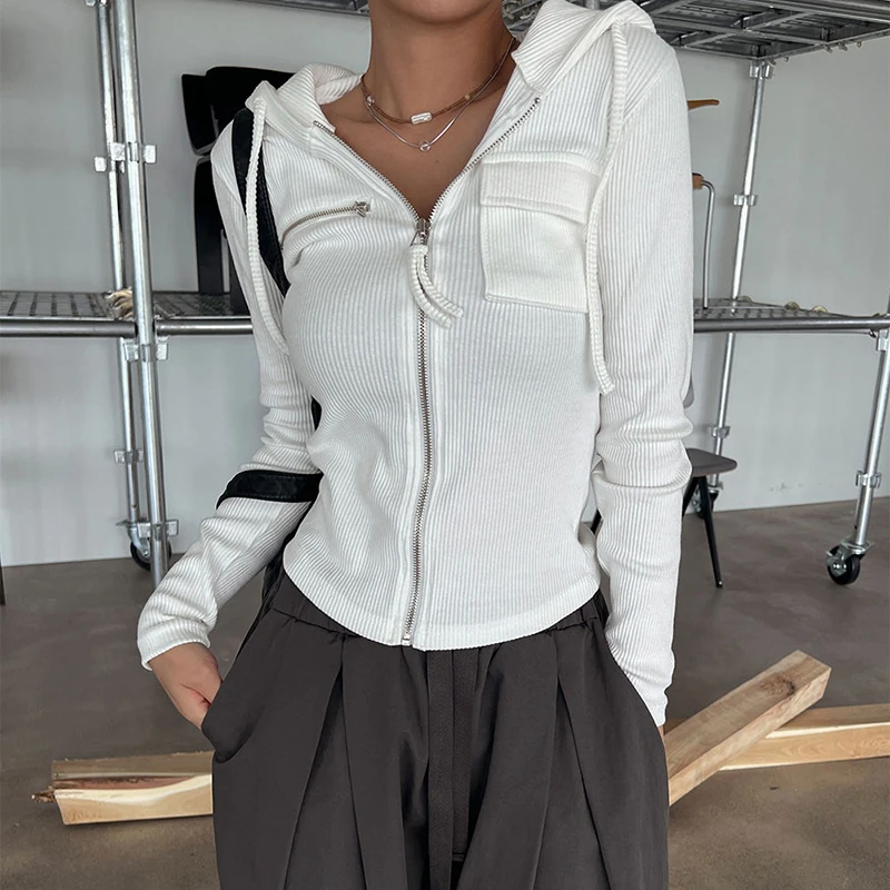 Korean-Fashion-Zip-Up-Pockets-Hoodies-Chic-Women-White-Ribbed-Long ...