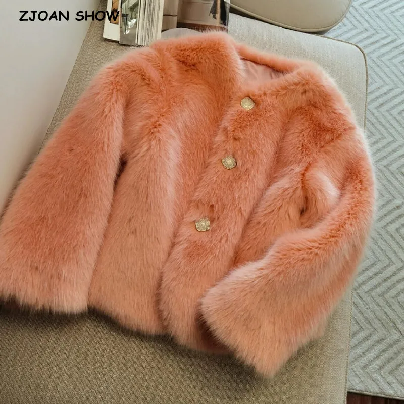 Winter-Sweet-Orange-Pink-Diamond-Buttons-Hairy-Shaggy-Faux-Fur-Coat ...