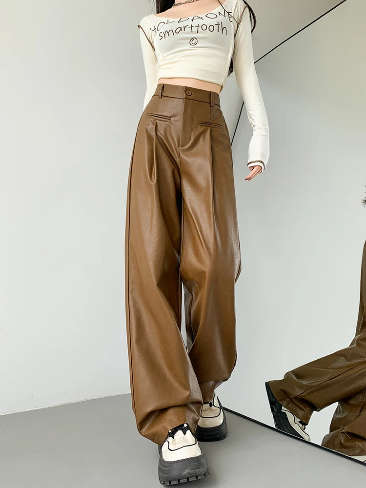High-Waist-PU-Pants-Women-Elastic-Waist-Wide-Leg-Straight-Faux-Leather ...
