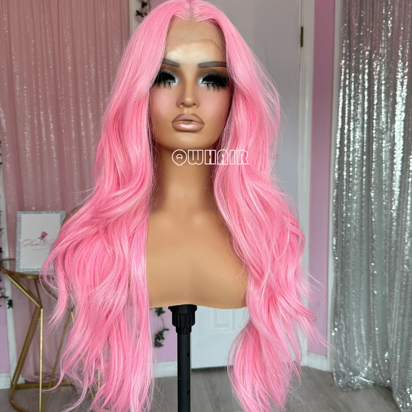 QW Synthetic Hair Pink Body Wave Soft 13X4 Lace Front Wig For Women ...