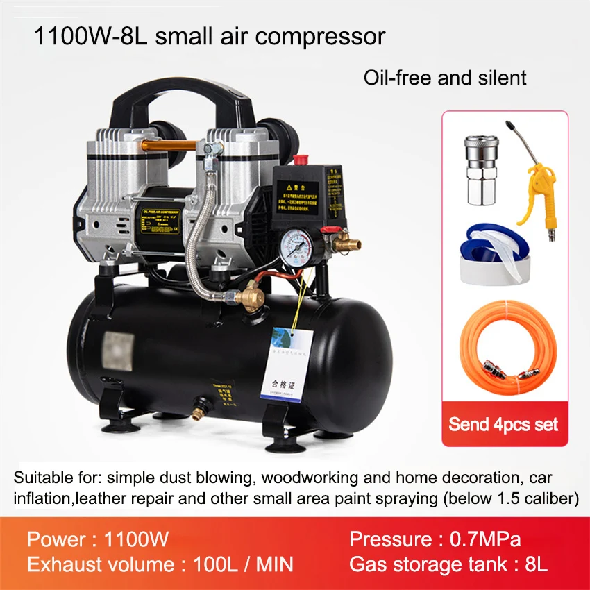 220V-1100W-8L-Small-Air-Compressor-Oil-free-Silent-High-pressure-Air ...