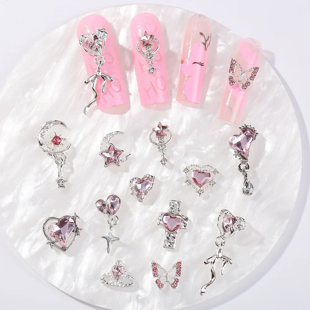 Luxury-Pink-Nail-Figures-Decoration-Rhinestones-3d-Crystal-Heart-Silver ...