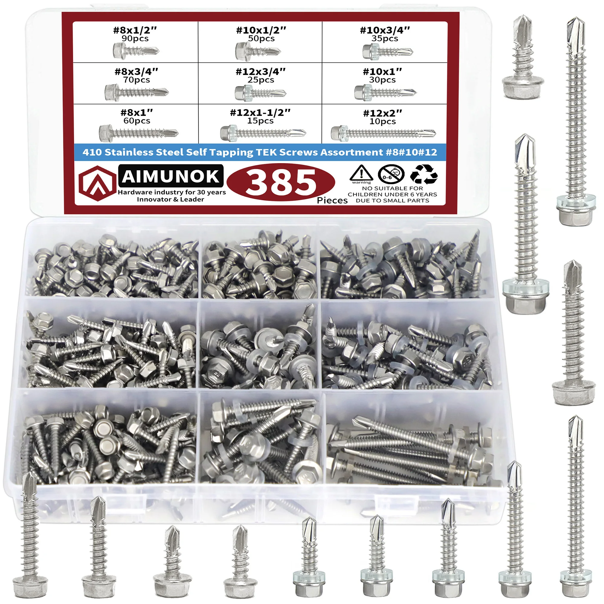 385Pcs 410 Stainless Steel Self - Tapping Tek Screws Assortment Kit ...