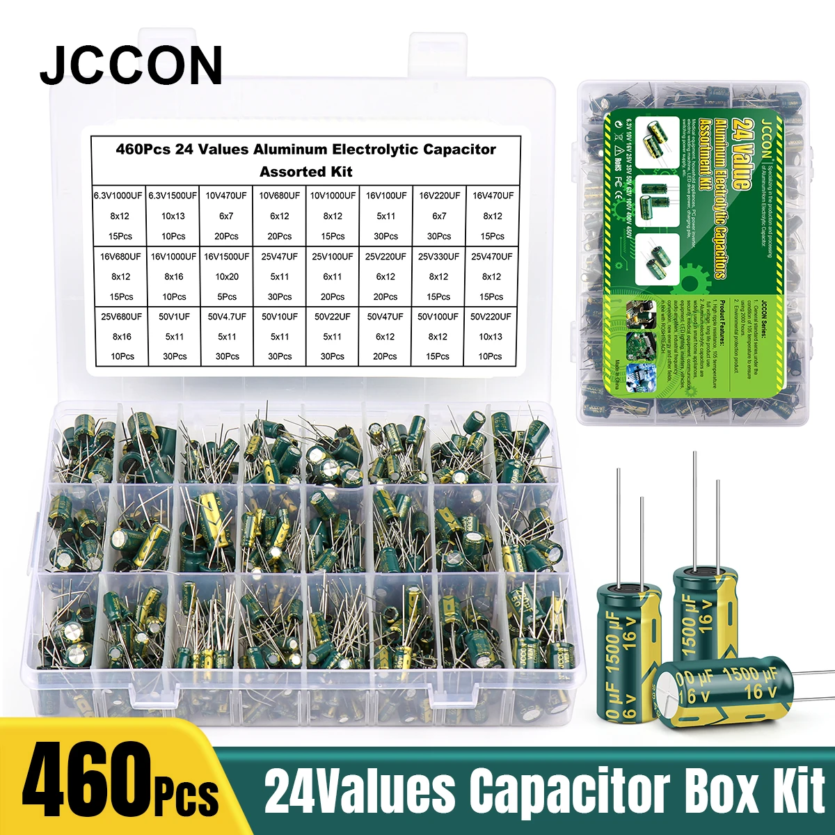 460pcs/box Capacitor Kit Jccon 1uf-1500uf 24values Aluminum Electrolytic Capacitors 6.3v-50v ...