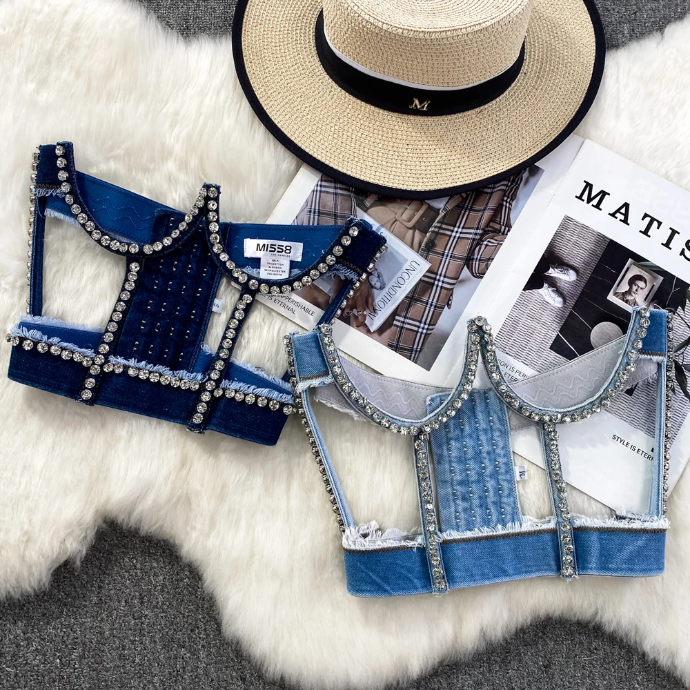 2023-New-Runway-Fashion-Sqaure-Collar-Sleeveless-Zippers-Denim-Sexy-See ...