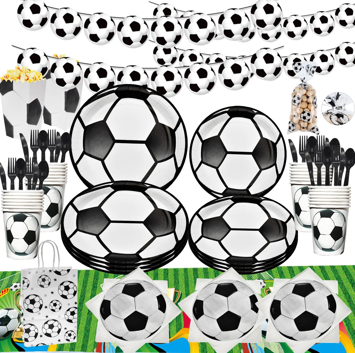 White-Soccer-Themed-Birthday-Party-Disposable-Tableware-Set-Balloons ...