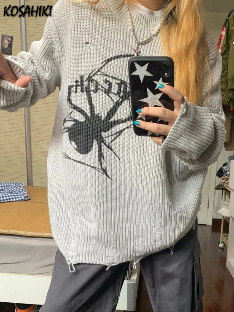 Kosahiki Spider Print Harajuku Sweater Women Gothic Vintage Ripped Grunge Jumper Streetwear ...
