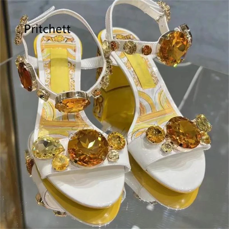Bohemian-Rhinestone-Jewels-Chunky-Heels-Sandals-For-Women-Yellow-Prints ...