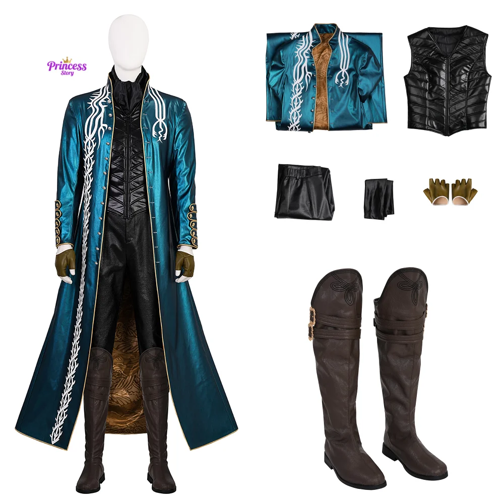 Game DMC 3 Vergil Cosplay Costume Blue Leather Trench Coat Vest Pants ...