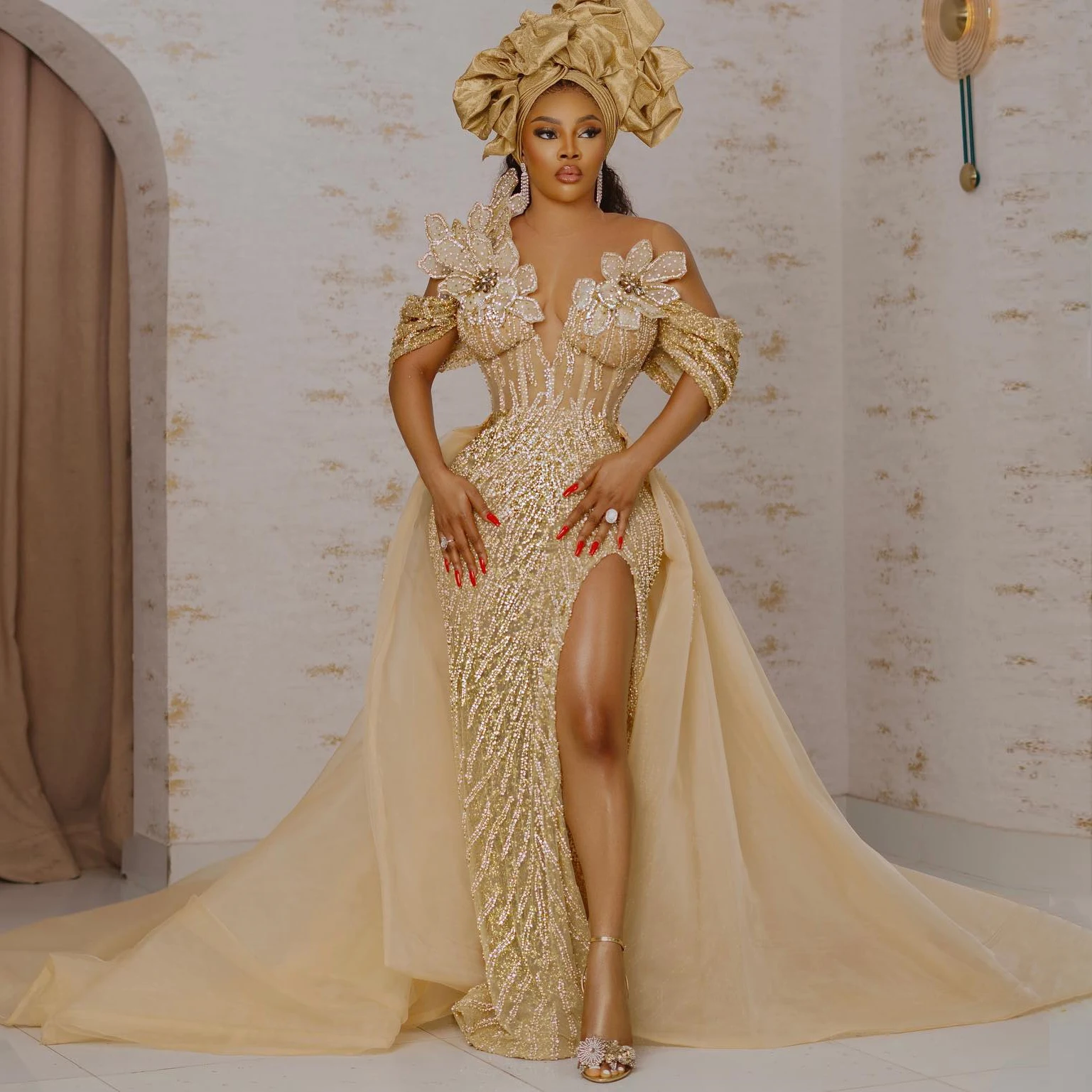 Sparkling-Gold-Lace-Beaded-African-Prom-Dresses-with-Detachable-Train ...