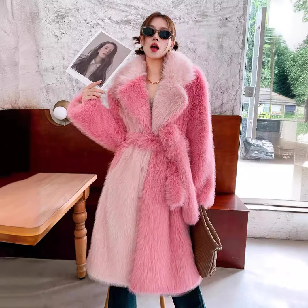 Belted-Pink-Faux-Fur-Coat-Women-Clothing-Spliced-Collision-Plush-Jacket ...