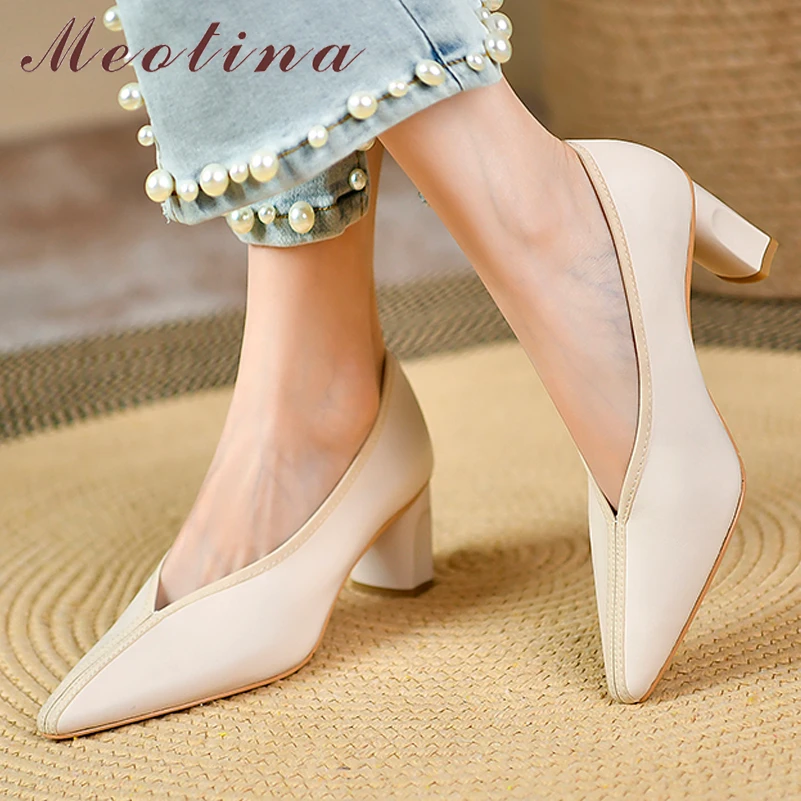 Meotina Women Genuine Leather Round Toe Thick High Heels Shallow Ladies ...