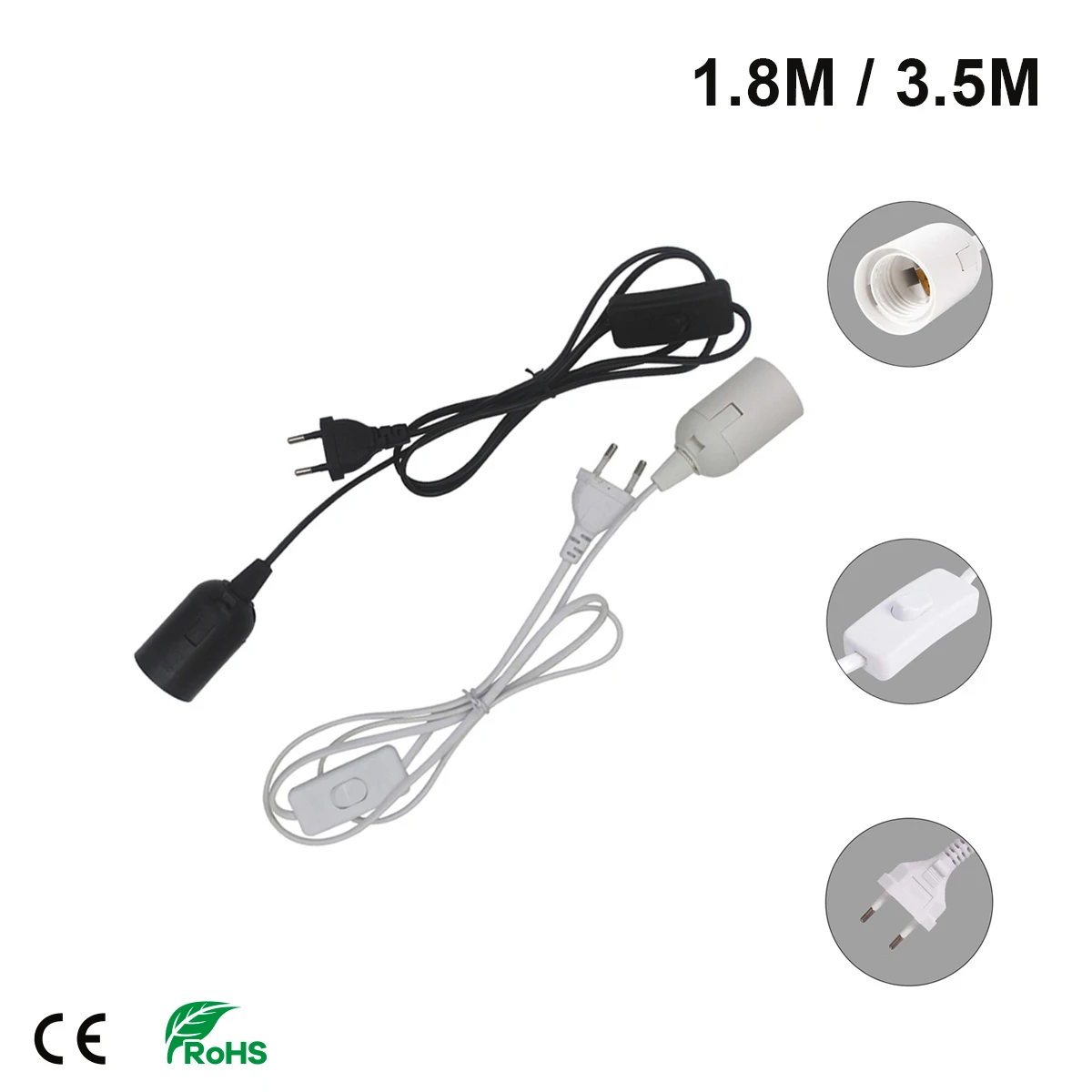 1.8m 3.5m Lamp Base Holder Power Cord Cable E26 E27 EU Hanging Pendant ...